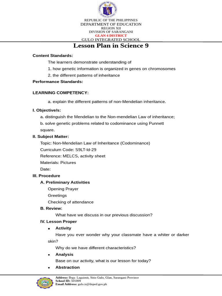 Lesson Plan in Science 9 Non-Mendelian Law of Inheritance (Codominance ...