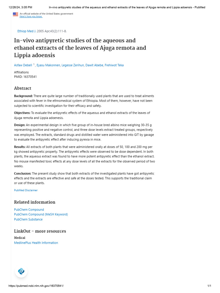 Antipyretic Effects of Ajuga & Lippia Extracts | PDF