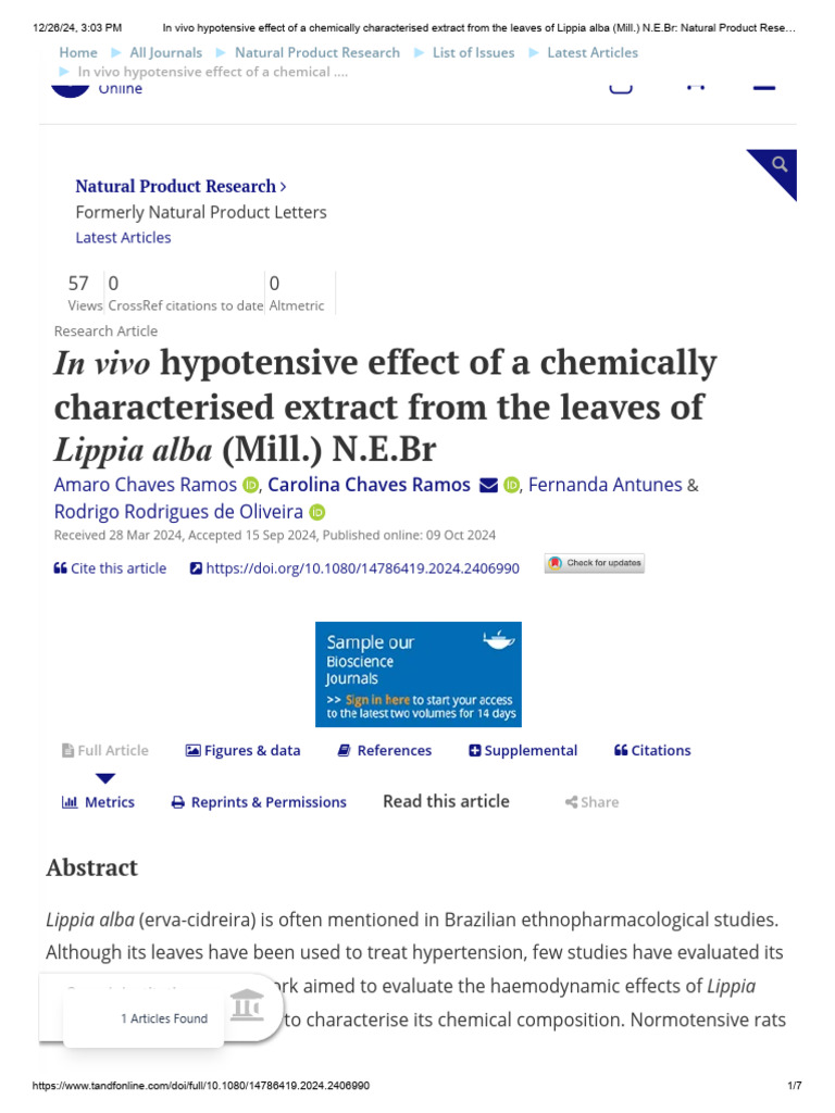 Hypotensive Effects of Lippia alba Extract | PDF | Blood Pressure