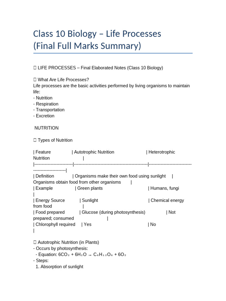 Class 10 Biology: Life Processes Summary | PDF | Digestion | Nutrition