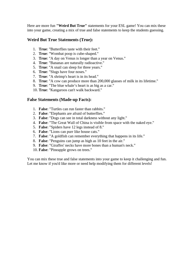 Fun ESL True or False Statements | PDF