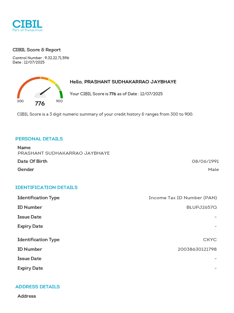 CIBIL Report for Prashant Jaybhaye | PDF | Line Of Credit | Credit