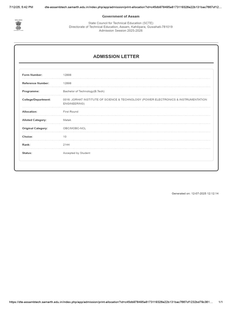 Dte-Assambtech - Samarth.edu - in Index - PHP App Admission Print ...