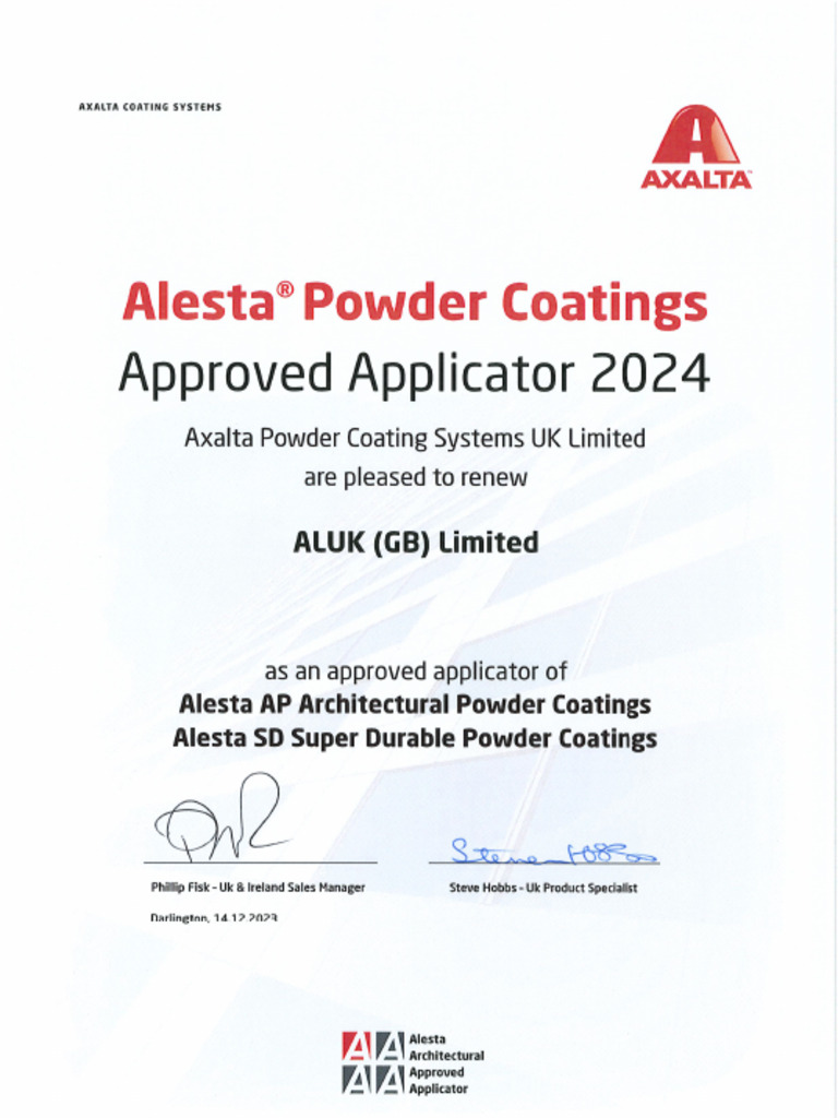 ALUK - Axalta Approved Architectural Applicator Certificate 2024 | PDF