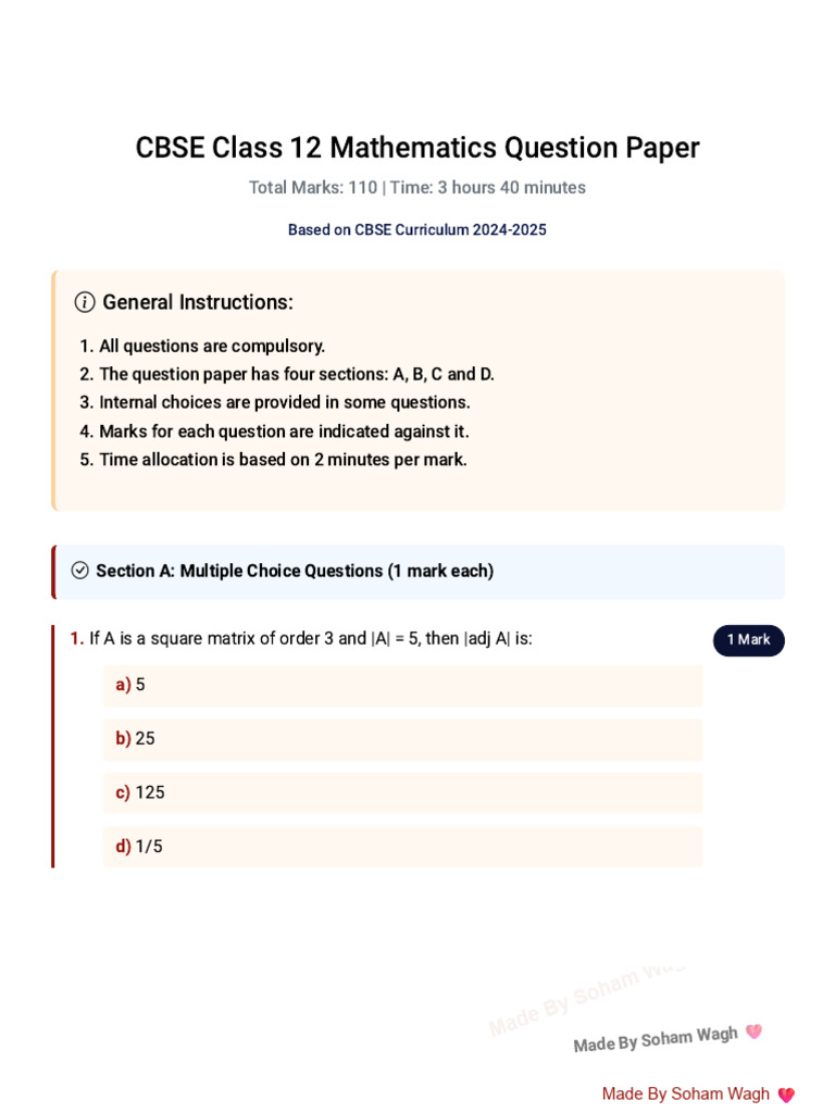 CBSE Class 12 Mathematics Question Paper | PDF | Mathematical Concepts ...
