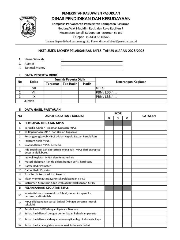 Instrumen Monev MPLS 2025/2026 | PDF