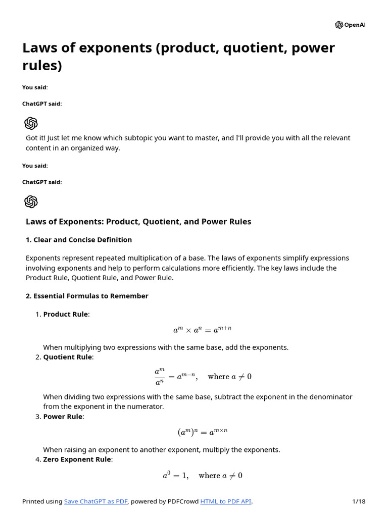 Laws of Exponents: Product and Quotient Rules | PDF | Logarithm ...