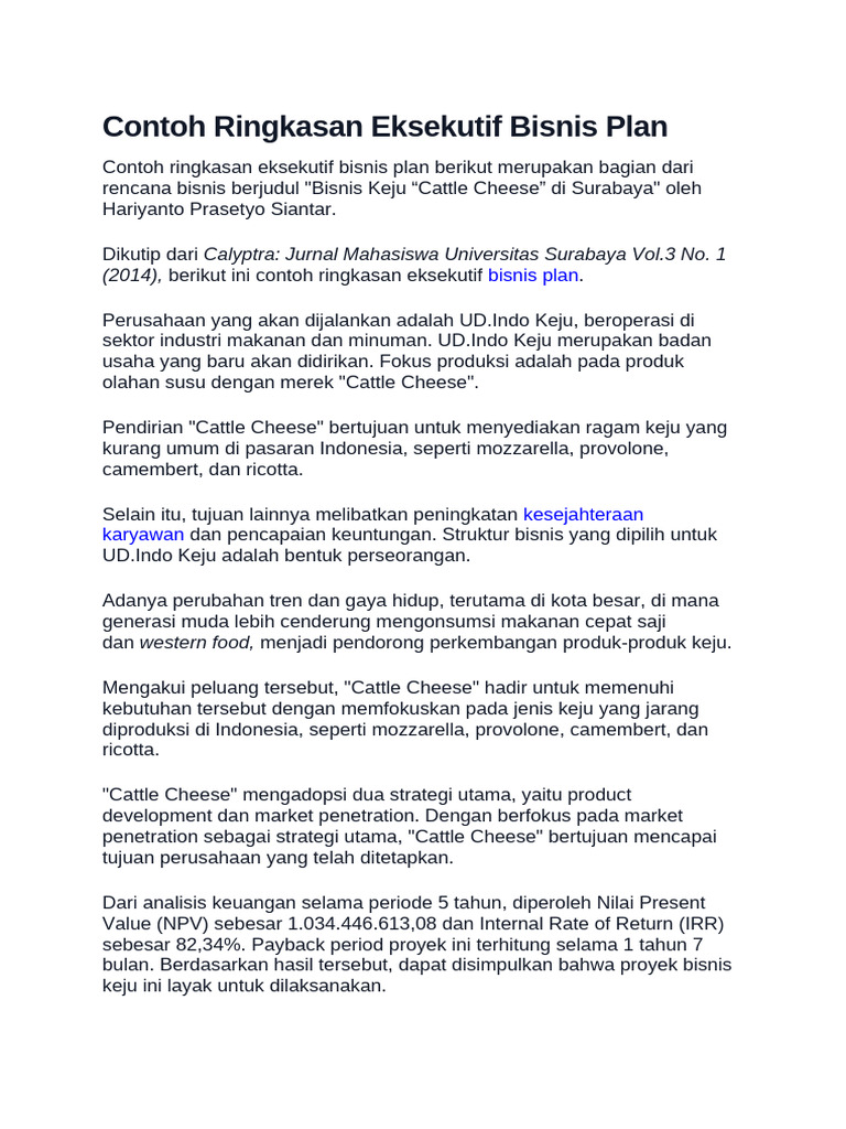 Contoh Ringkasan Eksekutif Bisnis Plan | PDF