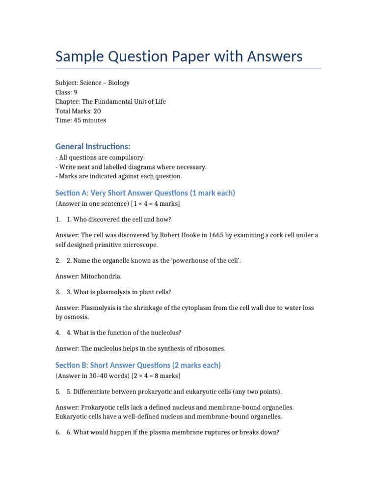 Class 9 Biology Question Paper Guide | PDF | Cell (Biology) | Cell Membrane