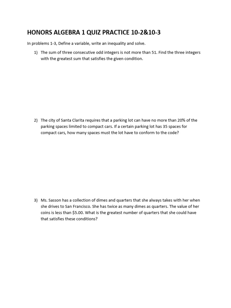Algebra 1 Inequality Quiz Practice | PDF
