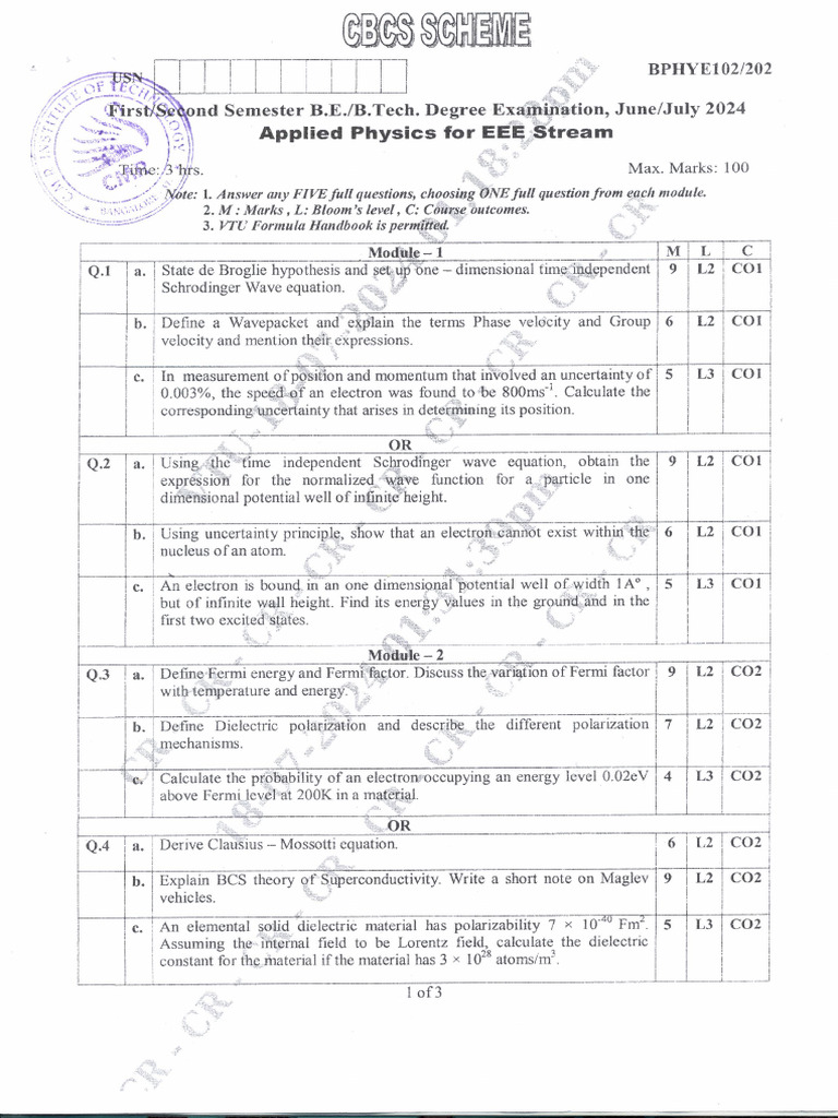 VTU Question Paper of BPHYE102 - BPHYE202 Applied Physics For EEE Stream Jun-July-2024 | PDF