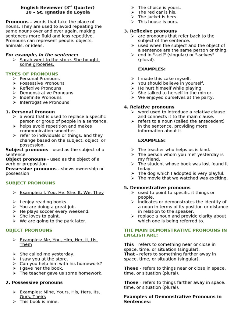English Reviewer 3rd Quarter | PDF | Pronoun | Verb