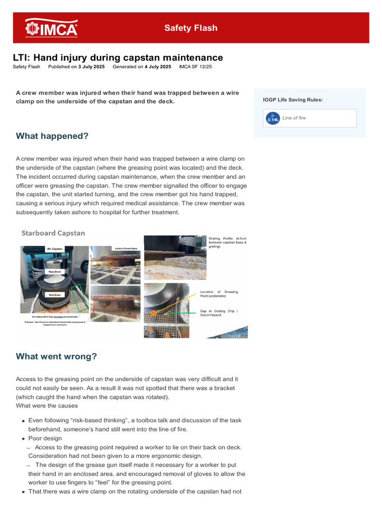 LTI - Hand Injury During Capstan Maintenance | PDF | Occupational Safety And Health | Safety
