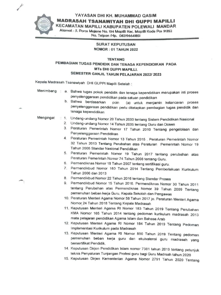 SK Pembagian Tugas Ganjil 2022-2023 | PDF