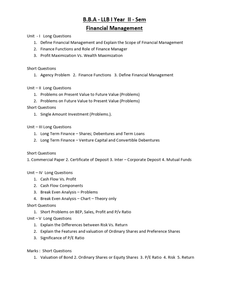 FM Important Questions 5YDC BBA LLB July 2025 | PDF