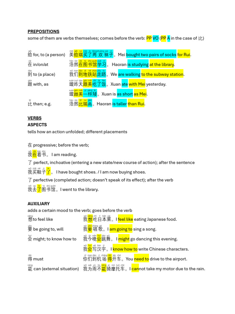 Chinese Grammar: Prepositions & Verbs | PDF | Linguistics | Morphology