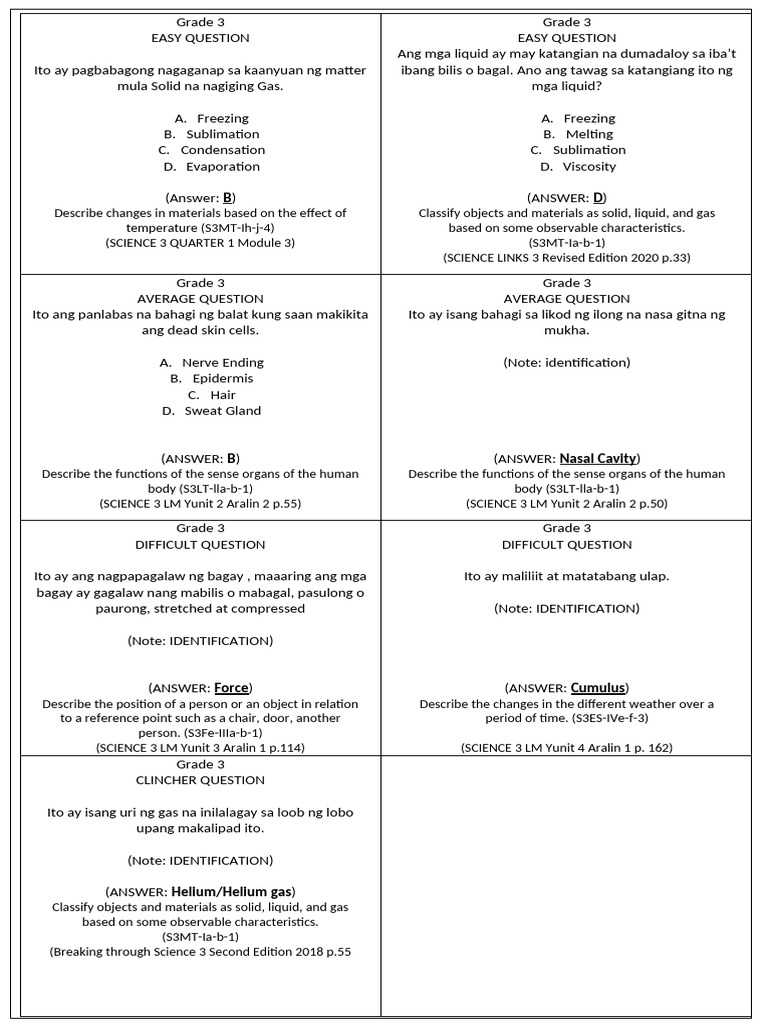 Grade 3 Science Quiz Questions | PDF | Liquids | Statistical Mechanics