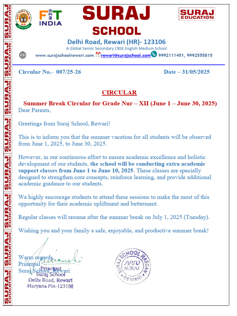 Summer Break Circular | PDF