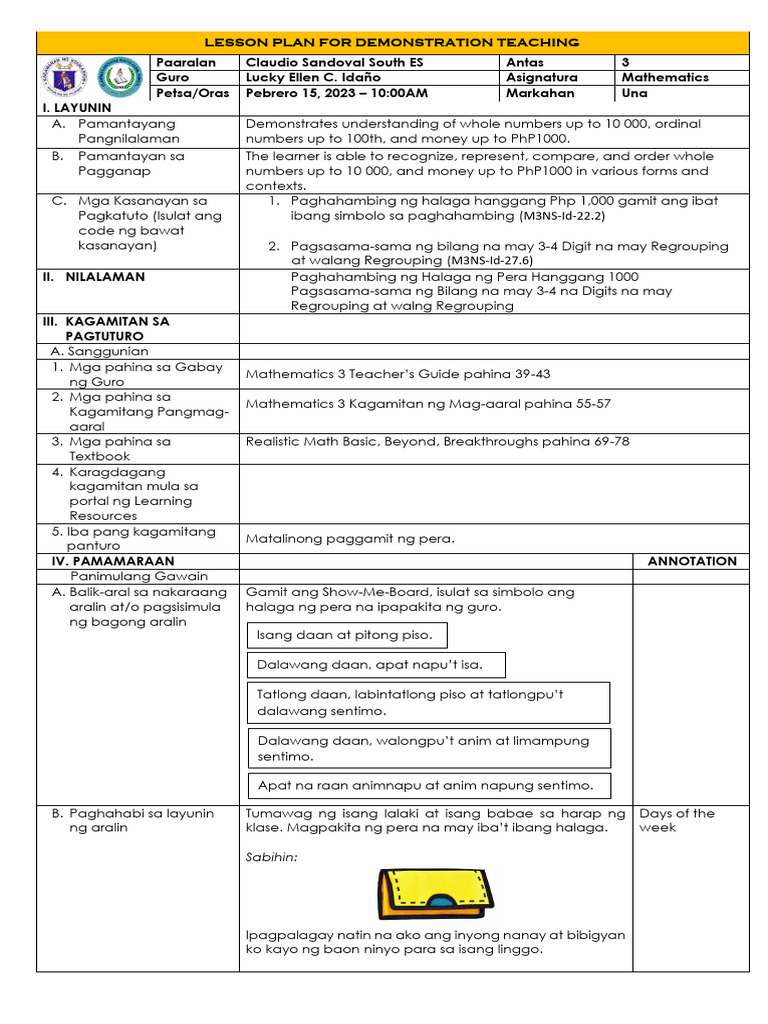 MATHEMATICS 3 Demonstration Lesson Plan | PDF