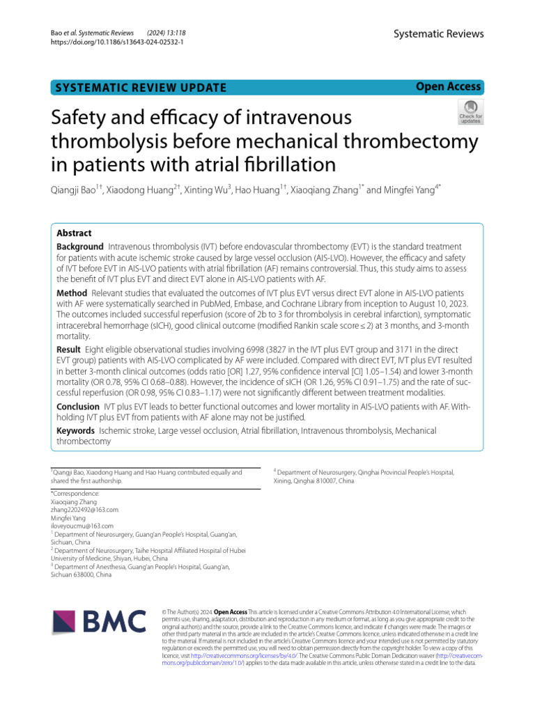 Safety and Efficacy of Intravenous Thrombolysis Before Mechanical Thrombectomy in Patients With ...