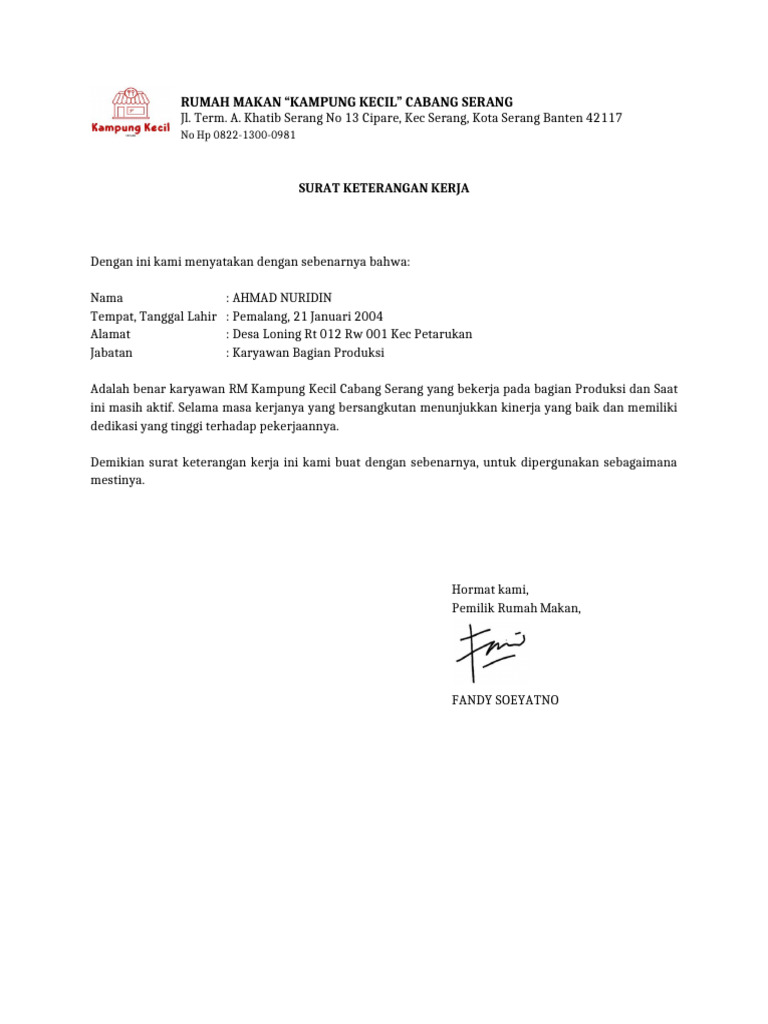 Contoh Surat Keterangan Kerja | PDF