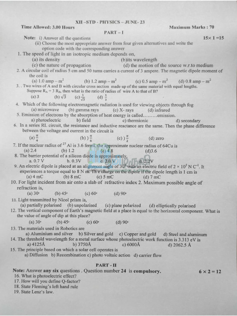 12th Physics June Monthly Exam English Medium Question Paper | PDF