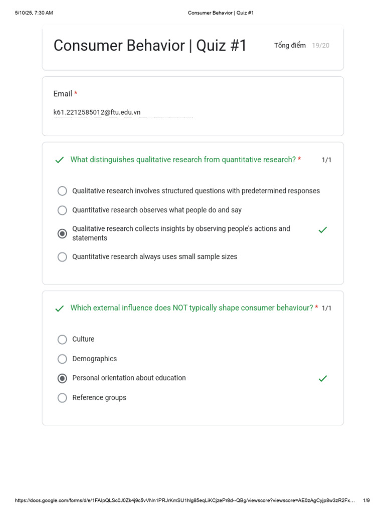 Consumer Behavior - Quiz #1 | PDF | Consumer Behaviour | Behavior
