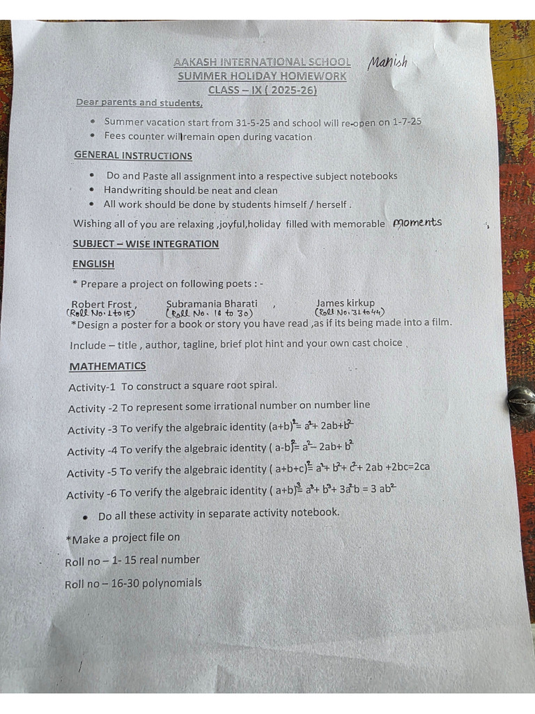 Class 9 Holiday Homework | PDF