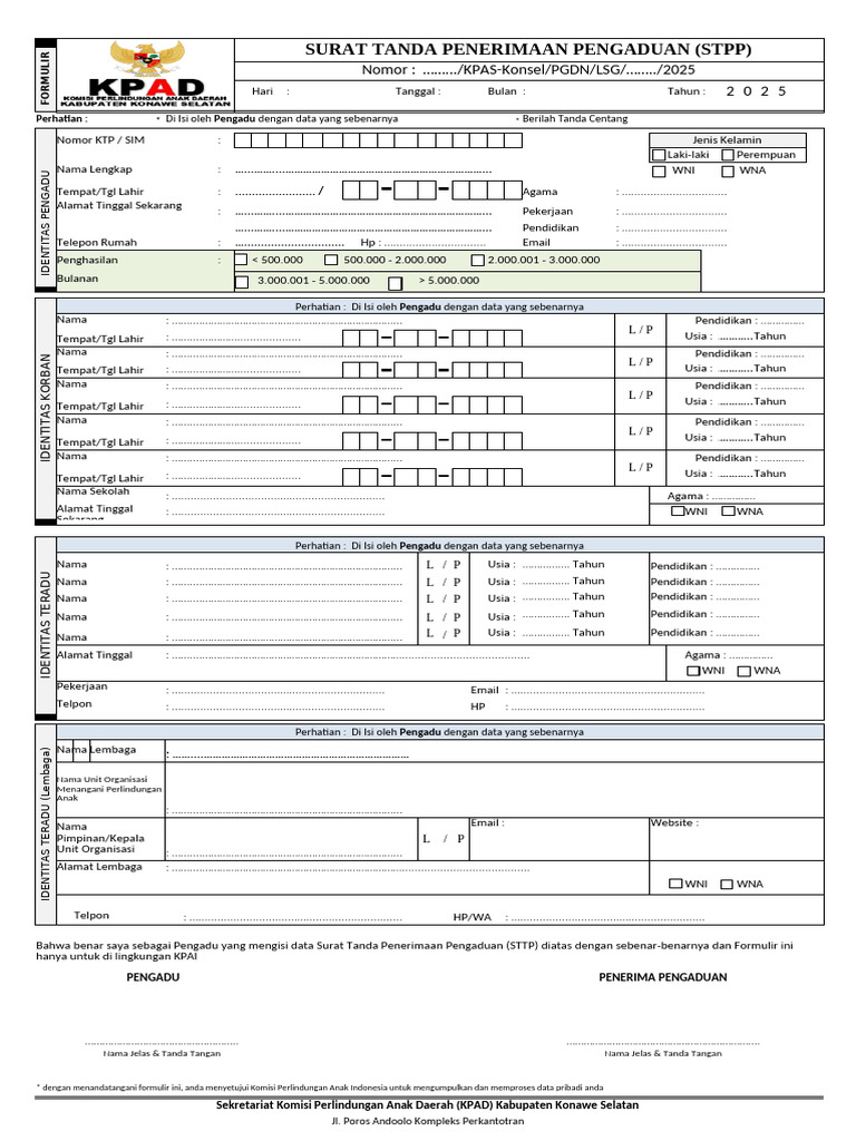 Form Pengaduan KPAD Kab. KONSEL | PDF