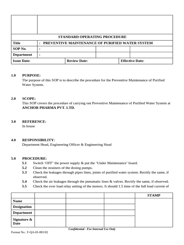 Preventive Maintenance SOP for Purified Water | PDF | Electricity ...