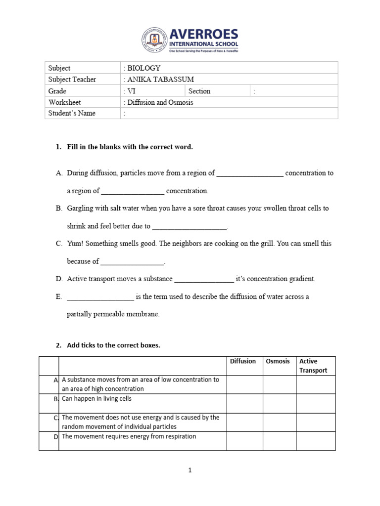 Worksheet - Diffusion and Osmosis | PDF | Osmosis | Cell Membrane
