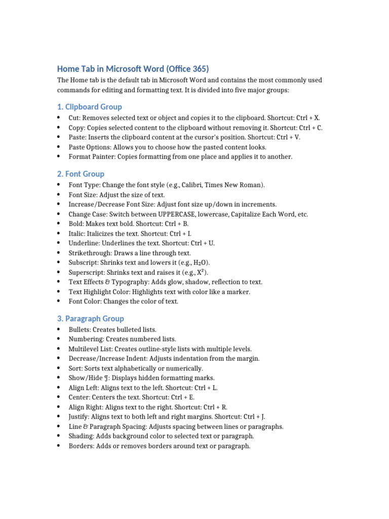 Home Tab MS Word Office 365 | PDF | Microsoft Word | Writing