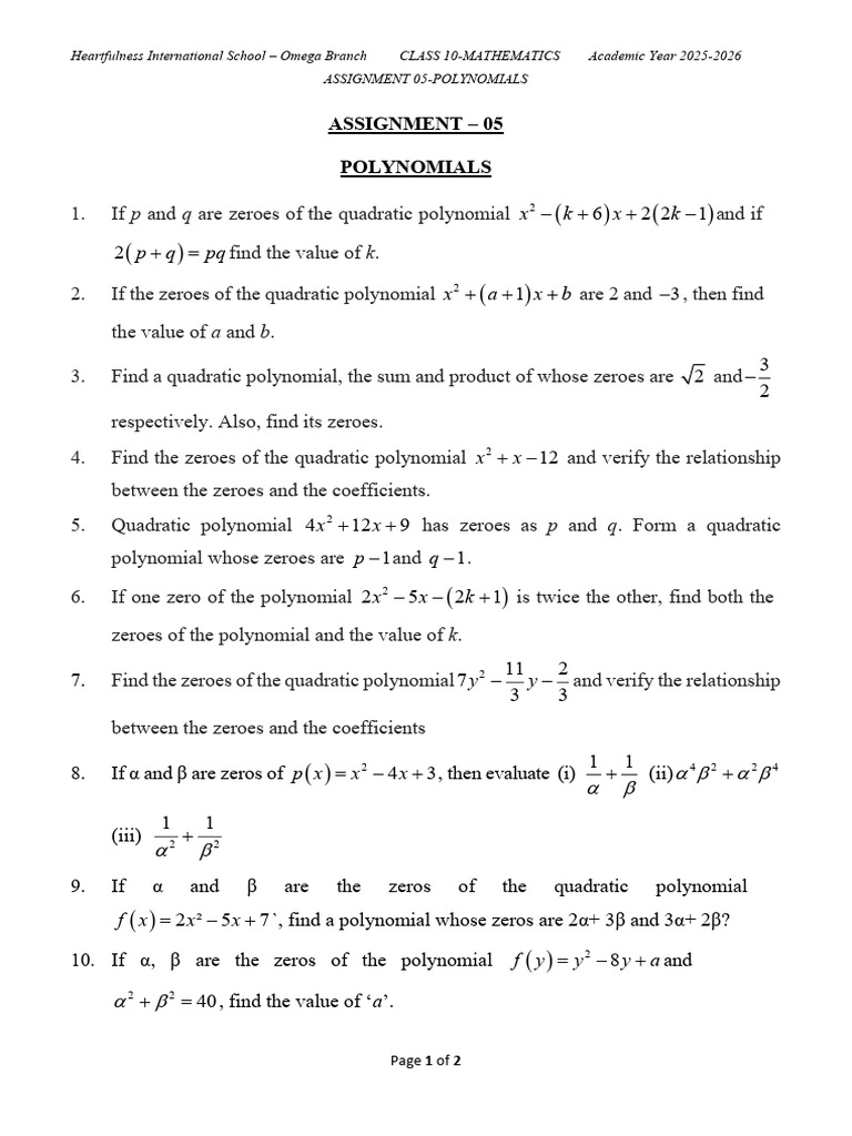Class 10 Mathematics Assignment 05 Polynomials 2025 - 2026 | PDF | Polynomial | Zero Of A Function