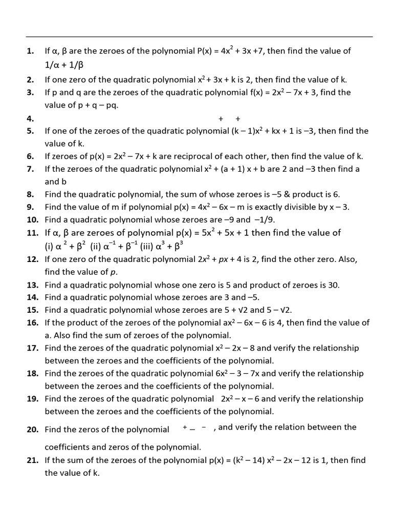 Practice Questions Polynomials Class X | PDF | Zero Of A Function | Polynomial