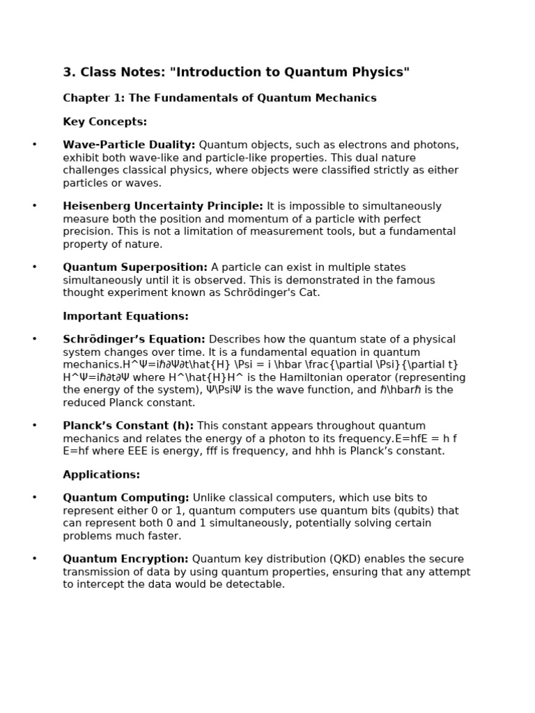 Class Notes: "Introduction To Quantum Physics" | PDF