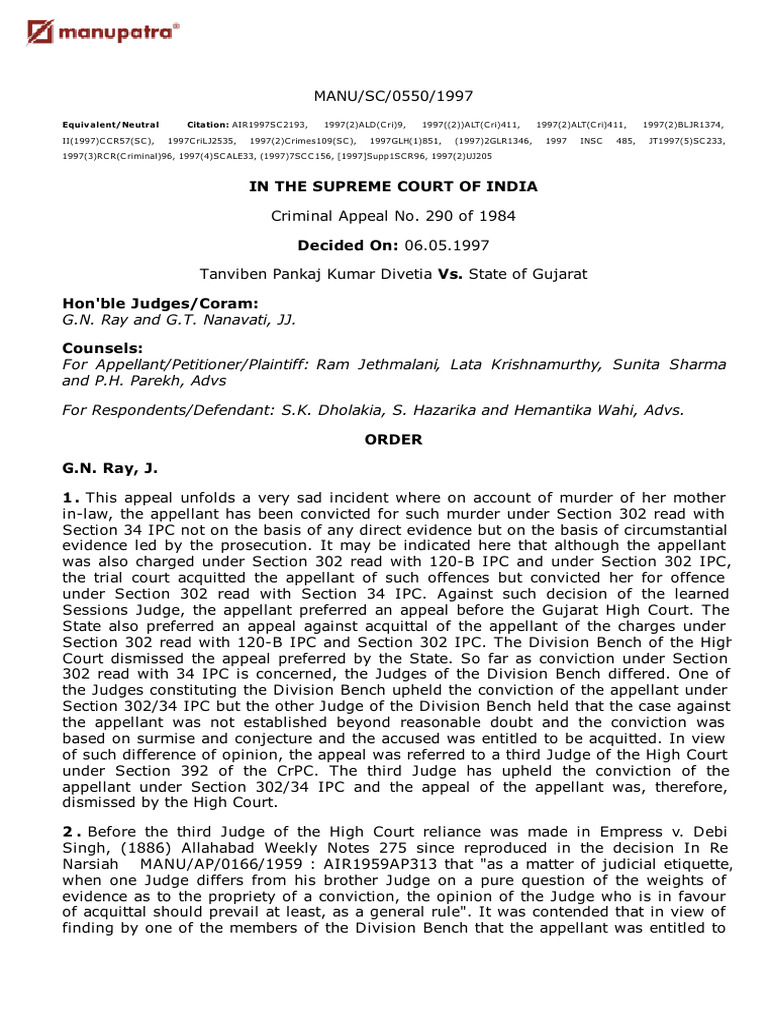 Tanviben Pankaj Kumar Divetia Vs State of Gujarat 0826s970434COM889696 | PDF | Acquittal ...