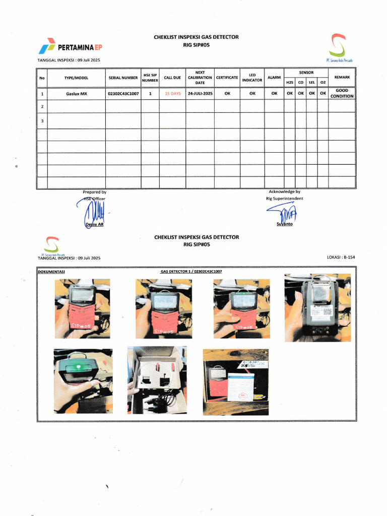 Cheklist Inspeksi Gas Detector RIG SIP#05 B-154 09-07-2025 | PDF ...