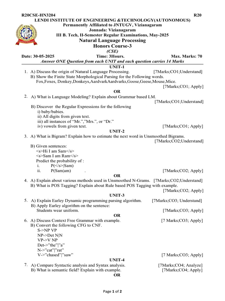 Iii-Ii Btech R20 Honors NLP (Cse) May-2025 | PDF | Syntax | Cognitive Science