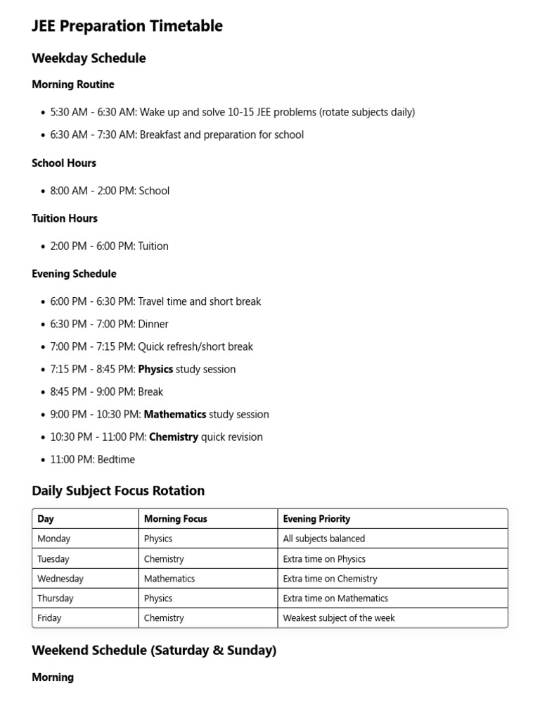 JEE Preparation Timetable | PDF
