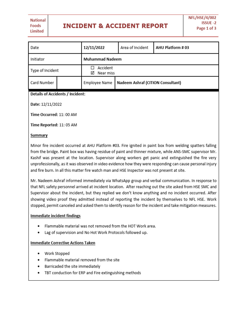 Accident Report: Near Miss Incident | PDF
