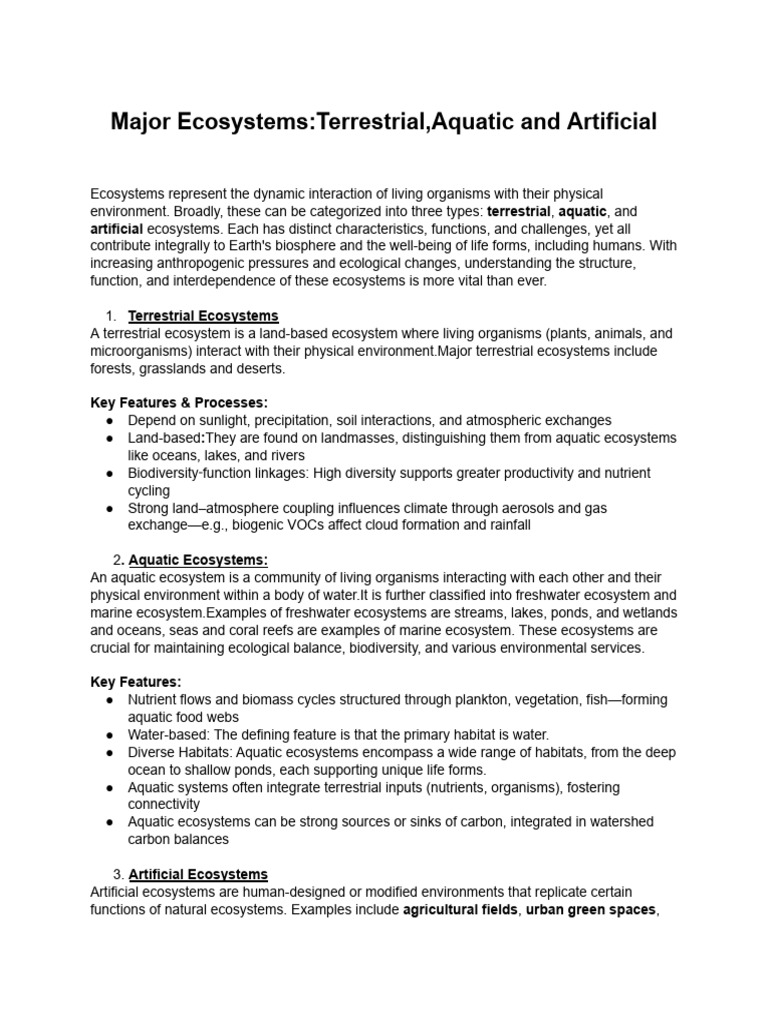 Types of Ecosystems: Terrestrial, Aquatic, Artificial | PDF | Ecosystem ...