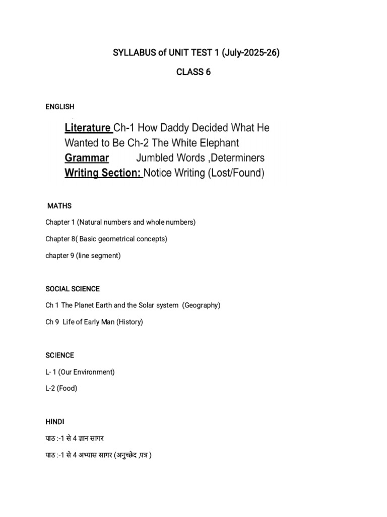 Syllabus of Ut 1 Class 6 | PDF