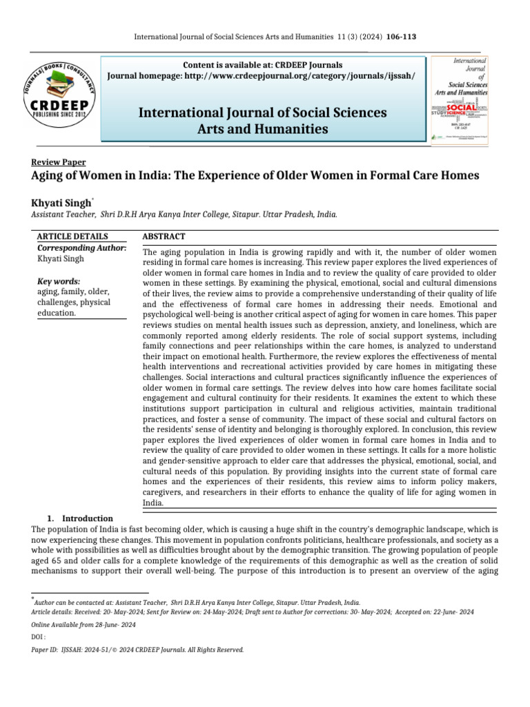 Aging of Women in India The Experience of Older Women in Formal Care ...