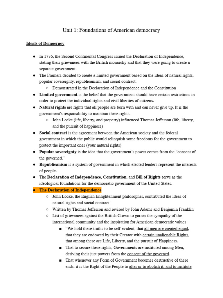 AP Gov Unit 1 - Foundations of American Democracy | PDF | Separation Of ...