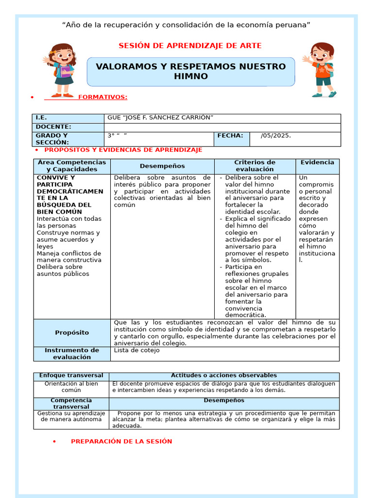 SESION TUTORIA Título Valoramos y Respetamos Nuestro Himno | PDF ...