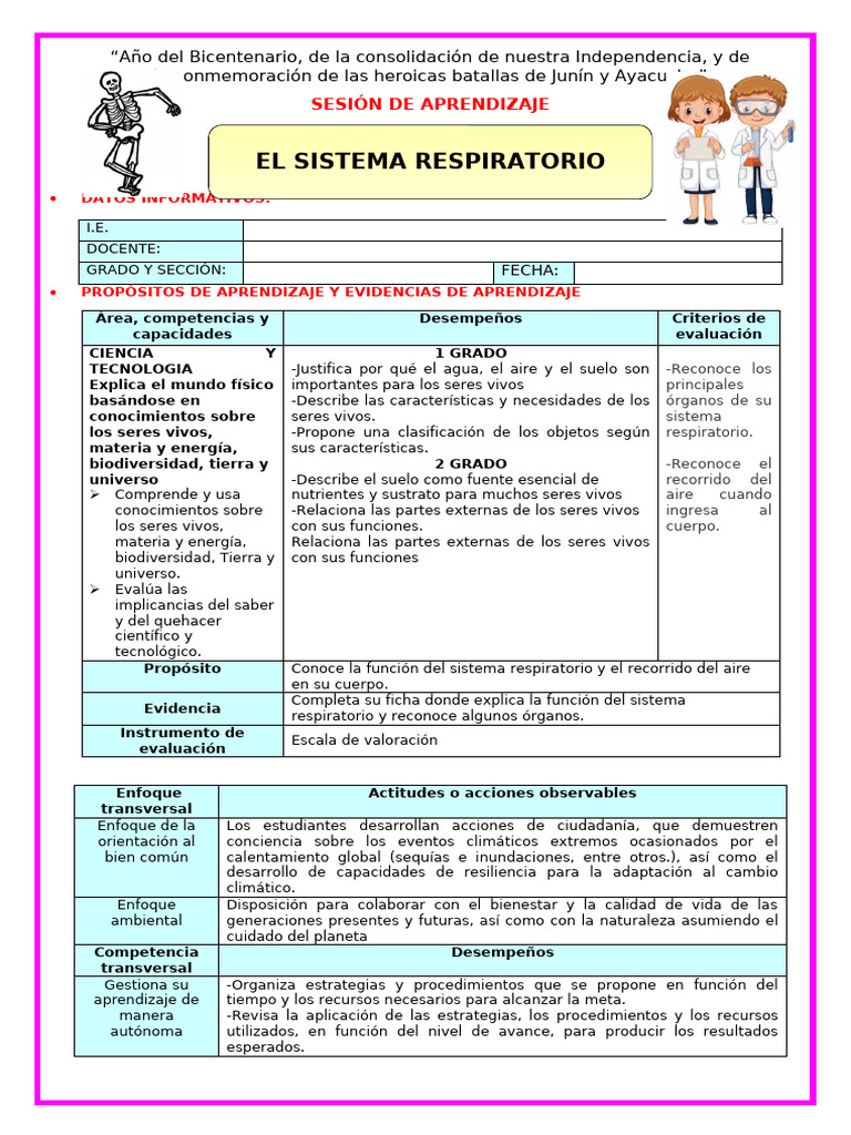 U3 S5 Sesion D3 CT El Sistema Respiratorio Maestras de Primaria Del Peru | PDF | Aprendizaje ...