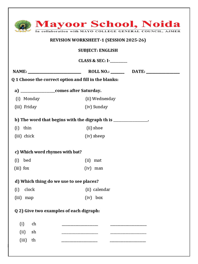 Class 1 English Revision Worksheets | PDF | Orthography | Linguistics