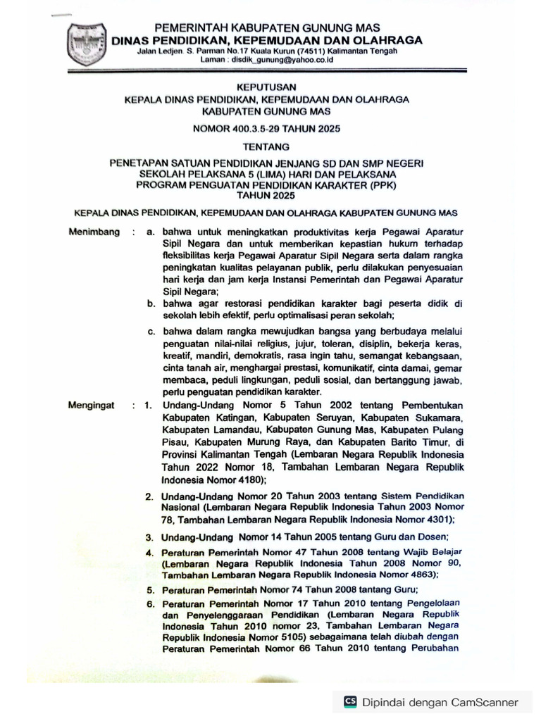 Daftar SK 5 Hari Sekolah SD, SMP Tahun 2025 | PDF