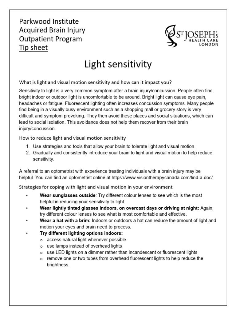 Caring For Your Brain Handout Light Sensitivity | PDF | Sunglasses ...