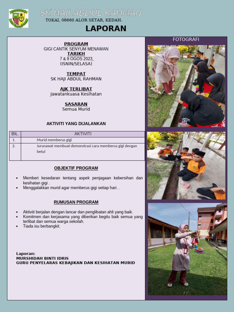 Laporan Program Cara Memberus Gigi Oleh Jururawat Gigi | PDF